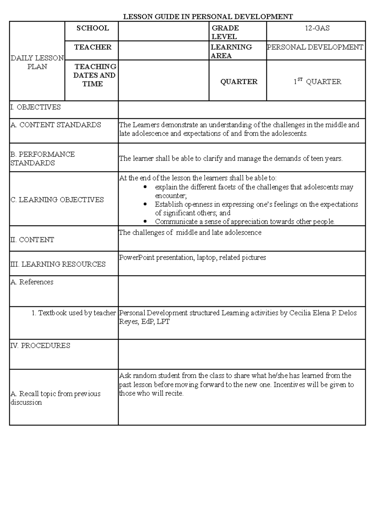 DLL Lesson 4 Q1 - LESSON GUIDE IN PERSONAL DEVELOPMENT DAILY LESSON ...