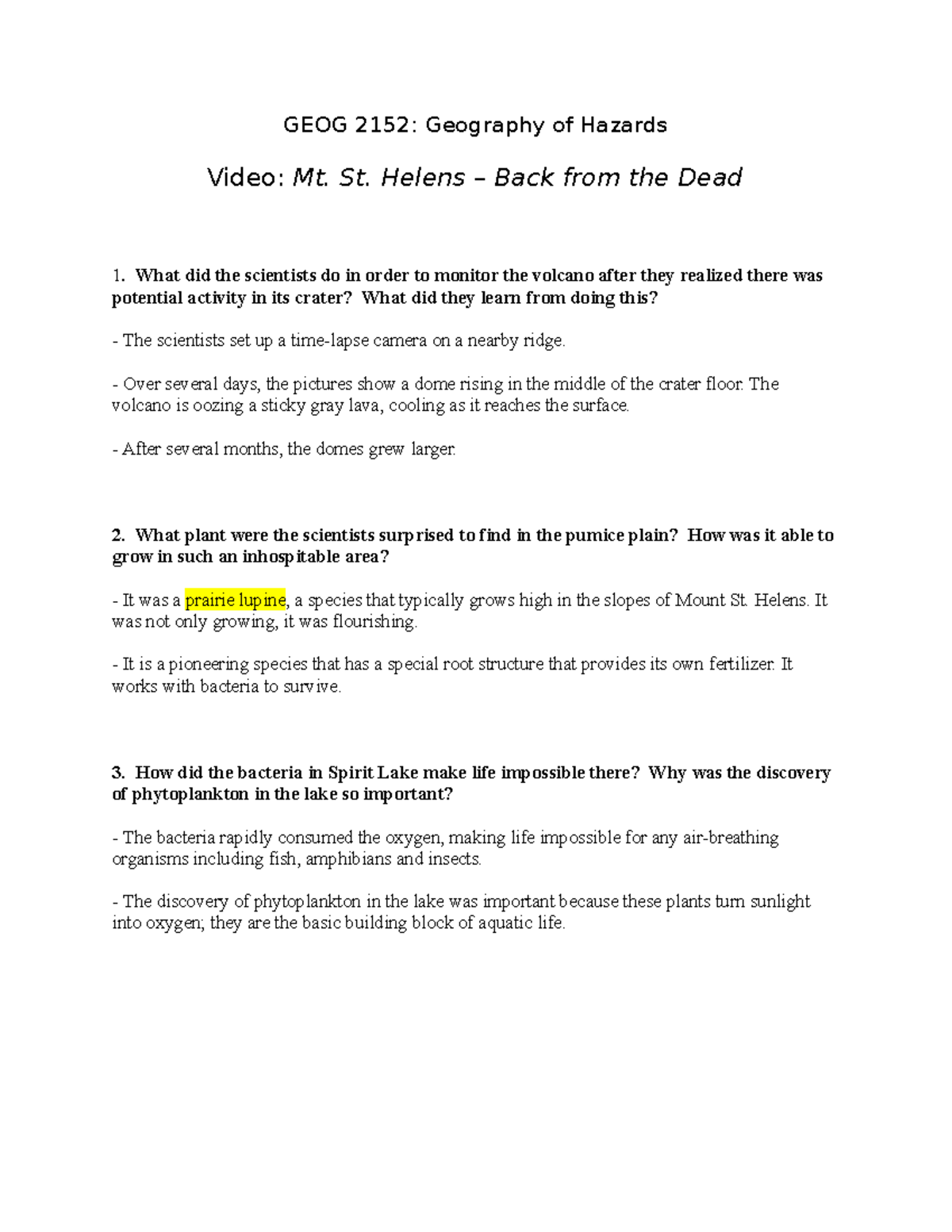 Mt. St. Helens Video Questions - GEOG 2152: Geography of Hazards Video ...