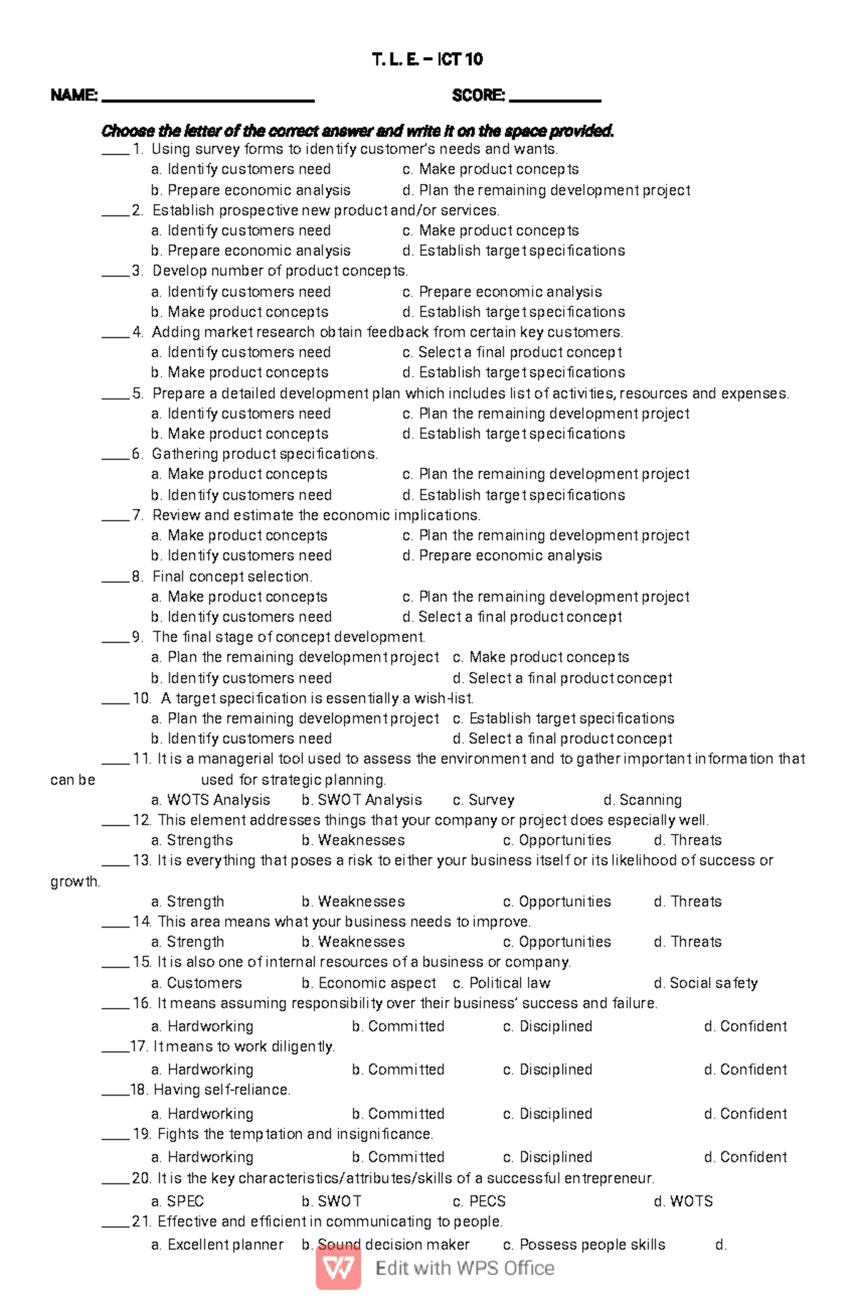 Reviewer TLE ICT 10 1ST Q - T. L. E. – ICT 10 NAME ...