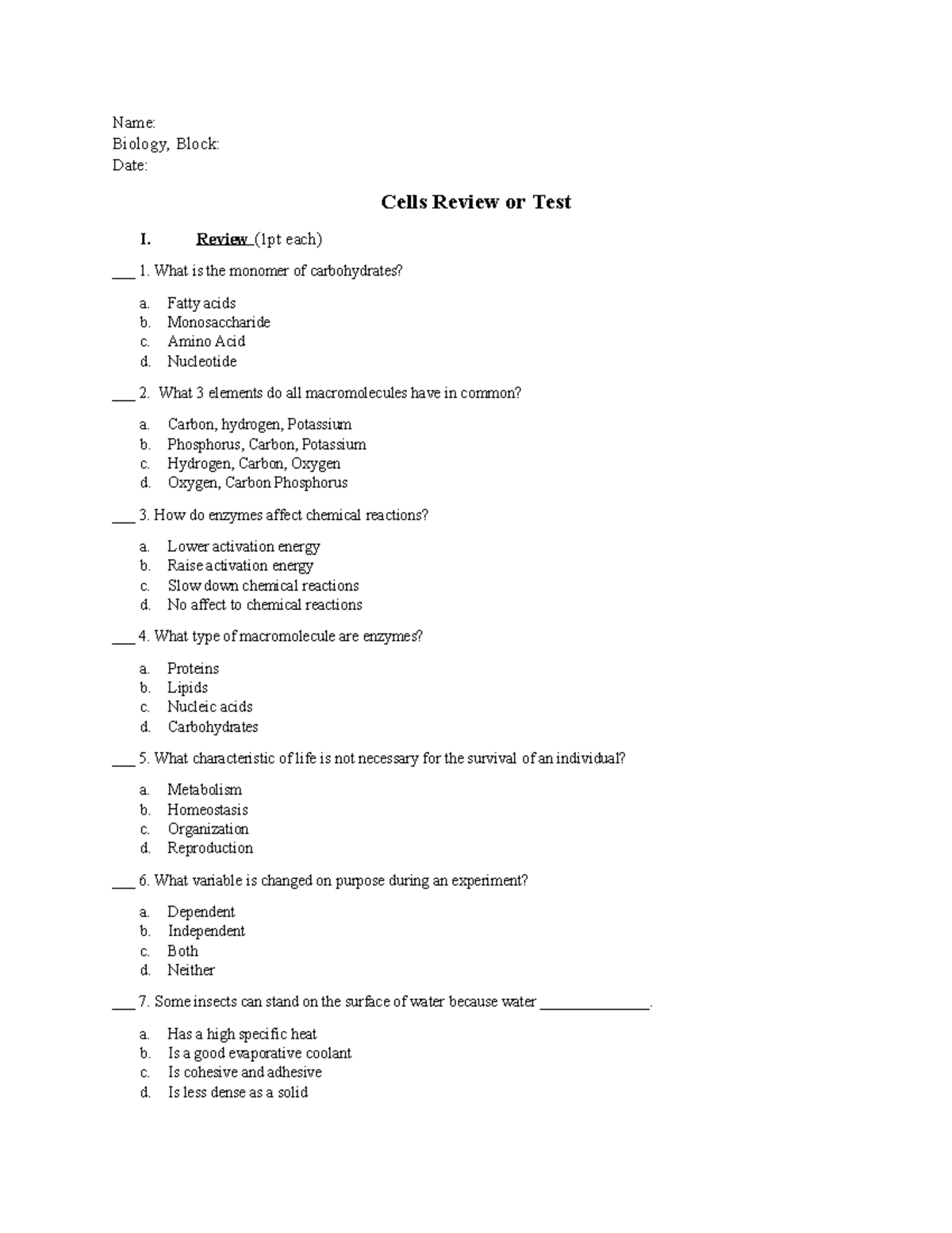 Advanced Cell test - Review for assessment - Name: Biology, Block: Date ...