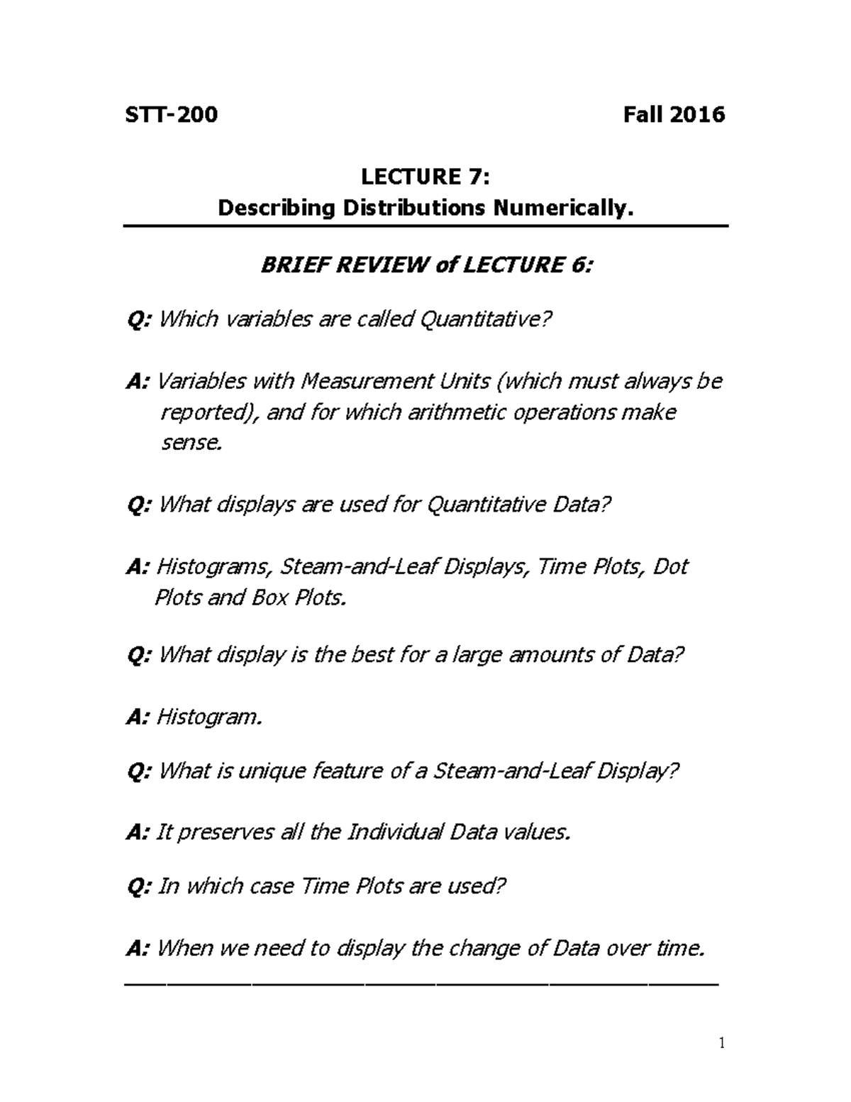 Stt 200 Lecture 7 Stt 200 Fall 2016 Lecture 7 Describing