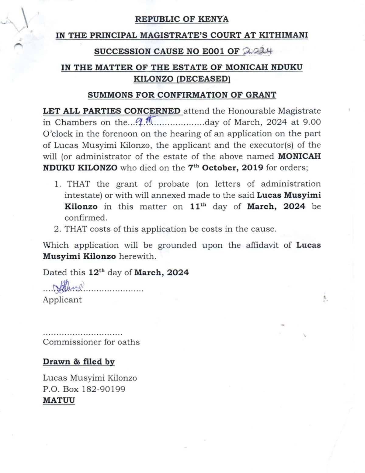 Summons FOR Confirmation OF Grant - Monetary theory - Studocu