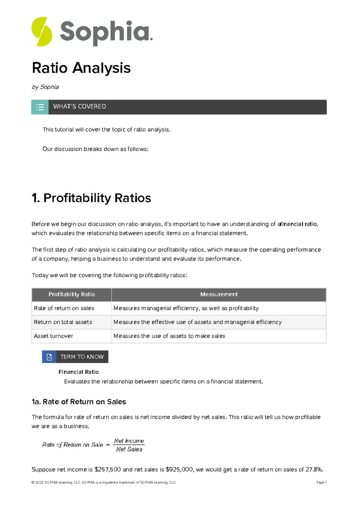 Ratio analysis 4 - Ratio Analysis by Sophia This tutorial will cover ...