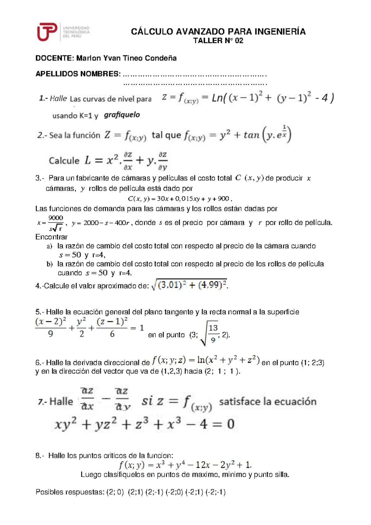Sesion Integradora 2-SEM6 - CÁLCULO AVANZADO PARA INGENIERÍA TALLER N° 0 2 DOCENTE: Marlon Yvan ...