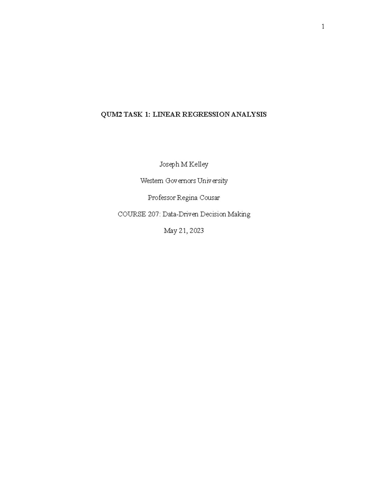 Qum2 Task 1 Linear Regression Analysis Qum2 Task 1 Linear Regression