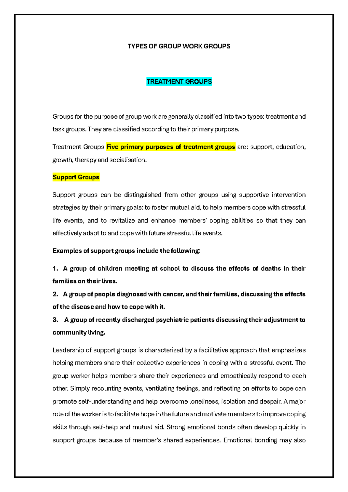 Treatment Groups - TYPES OF GROUP WORK GROUPS TREATMENT GROUPS Groups ...