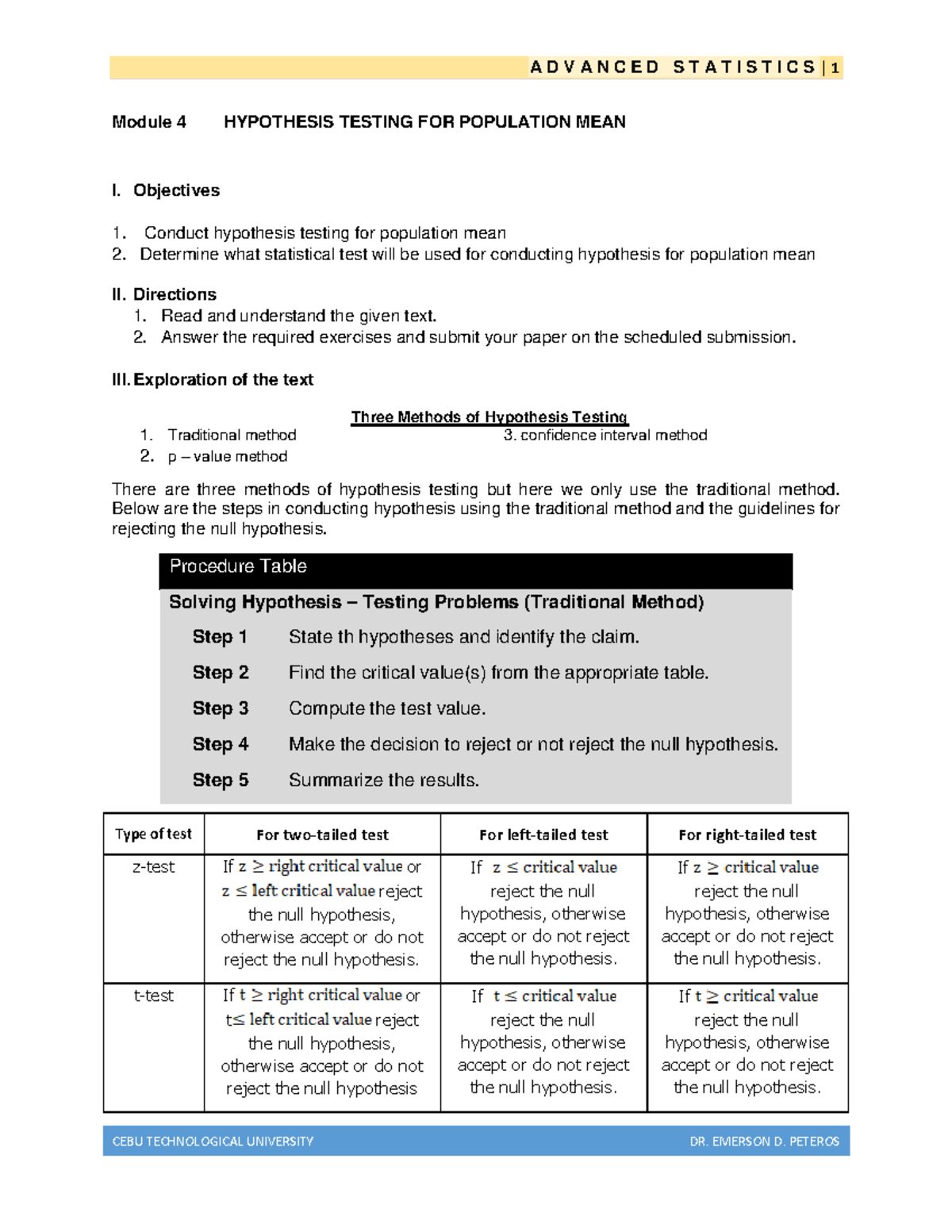 Module 4 Hypothesis Testing For Population Mean Module 4 Hypothesis