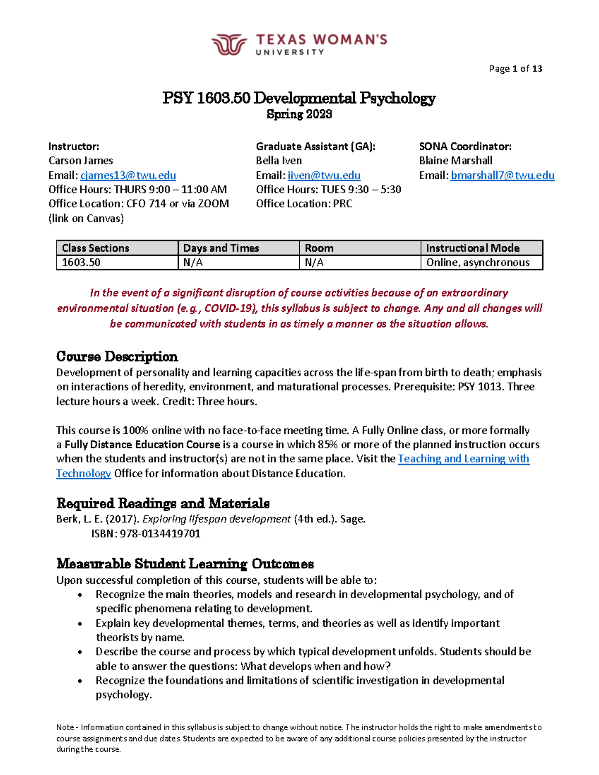 (PSY 1603.50) Developmental Psych SP 23 Syllabus James - Note ...