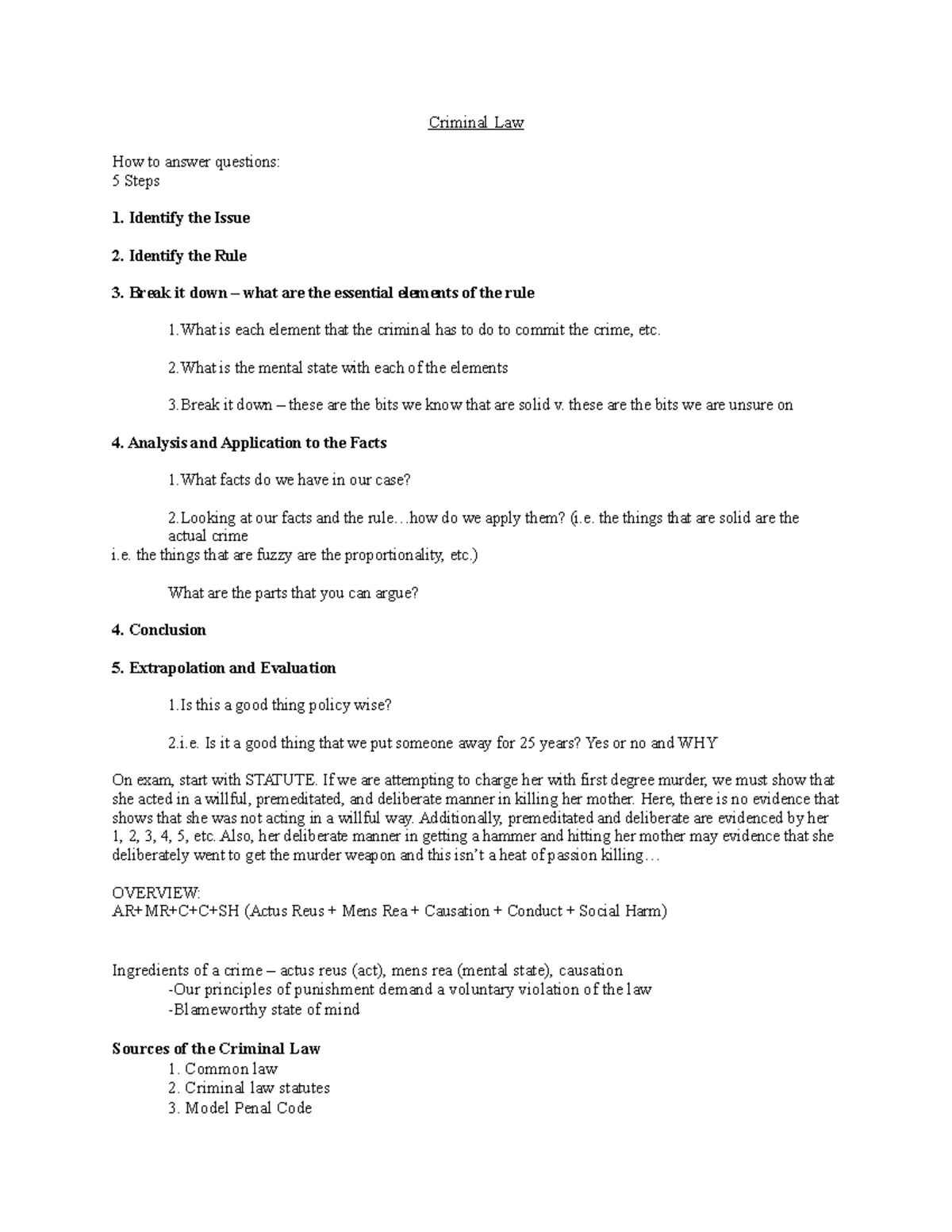 Outline - criminal law - Criminal Law How to answer questions: 5 Steps ...