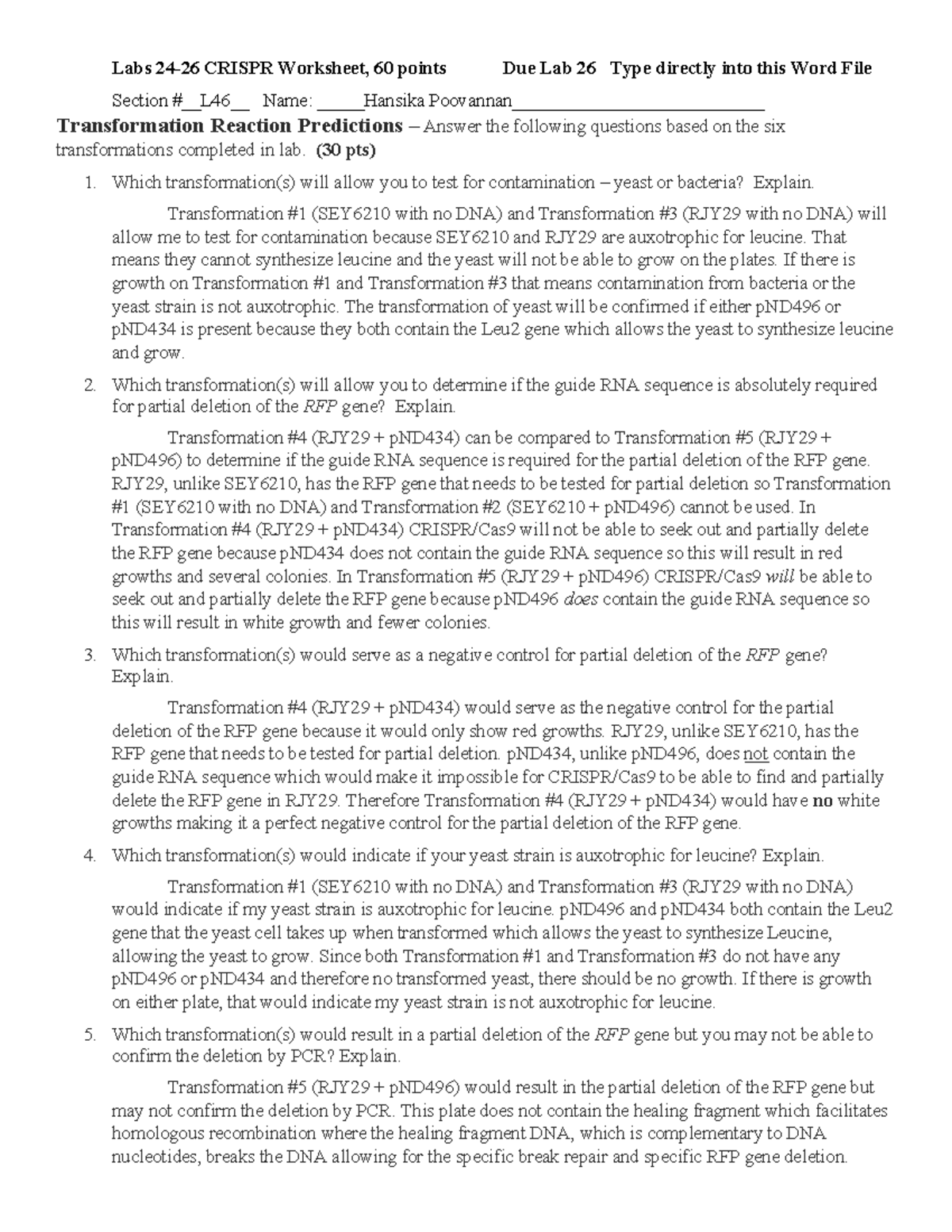L46S20 Poovannan H Crispr Worksheet - Labs 24-26 CRISPR Worksheet, 60 ...
