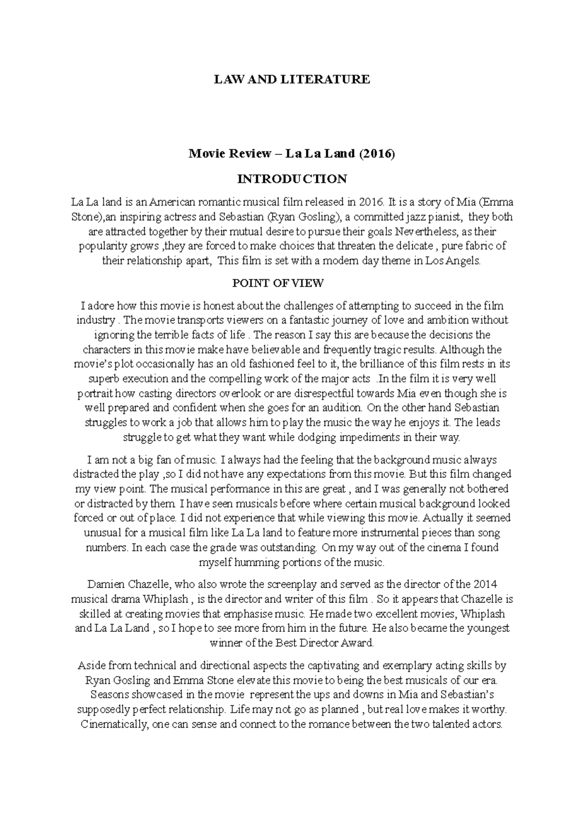 Movie Review - ENHLISH - LAW AND LITERATURE Movie Review – La La Land ...