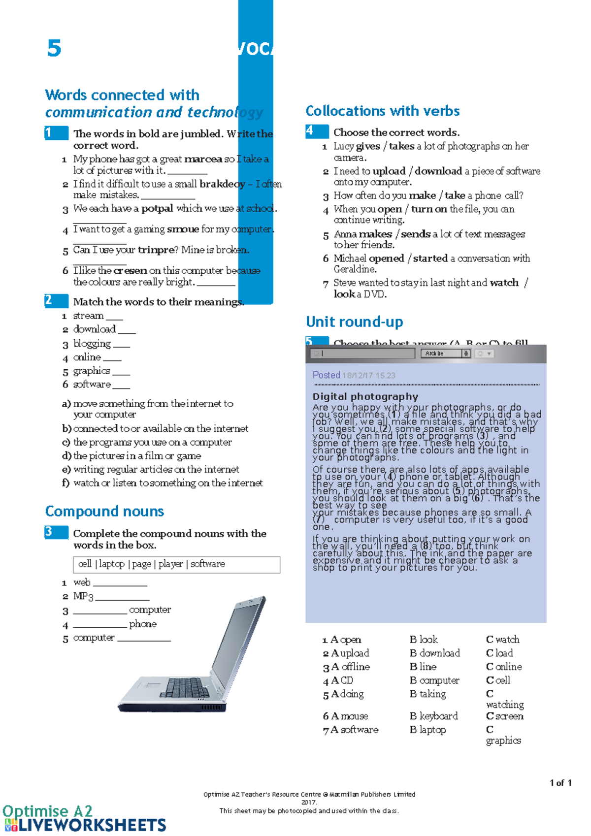 Internet and Technology Worksheet on Vocabulary - Optimise A 5 OPTIMISE ...