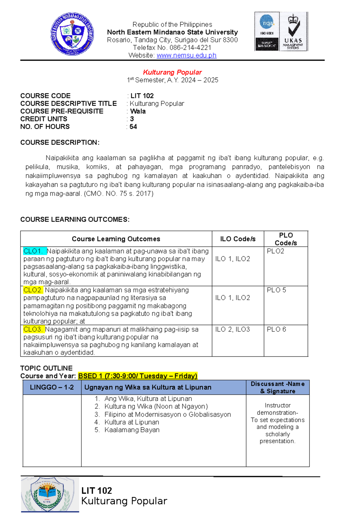 LIT 102 Course Outline Learning Contact copy - Republic of the Philippines North Eastern ...