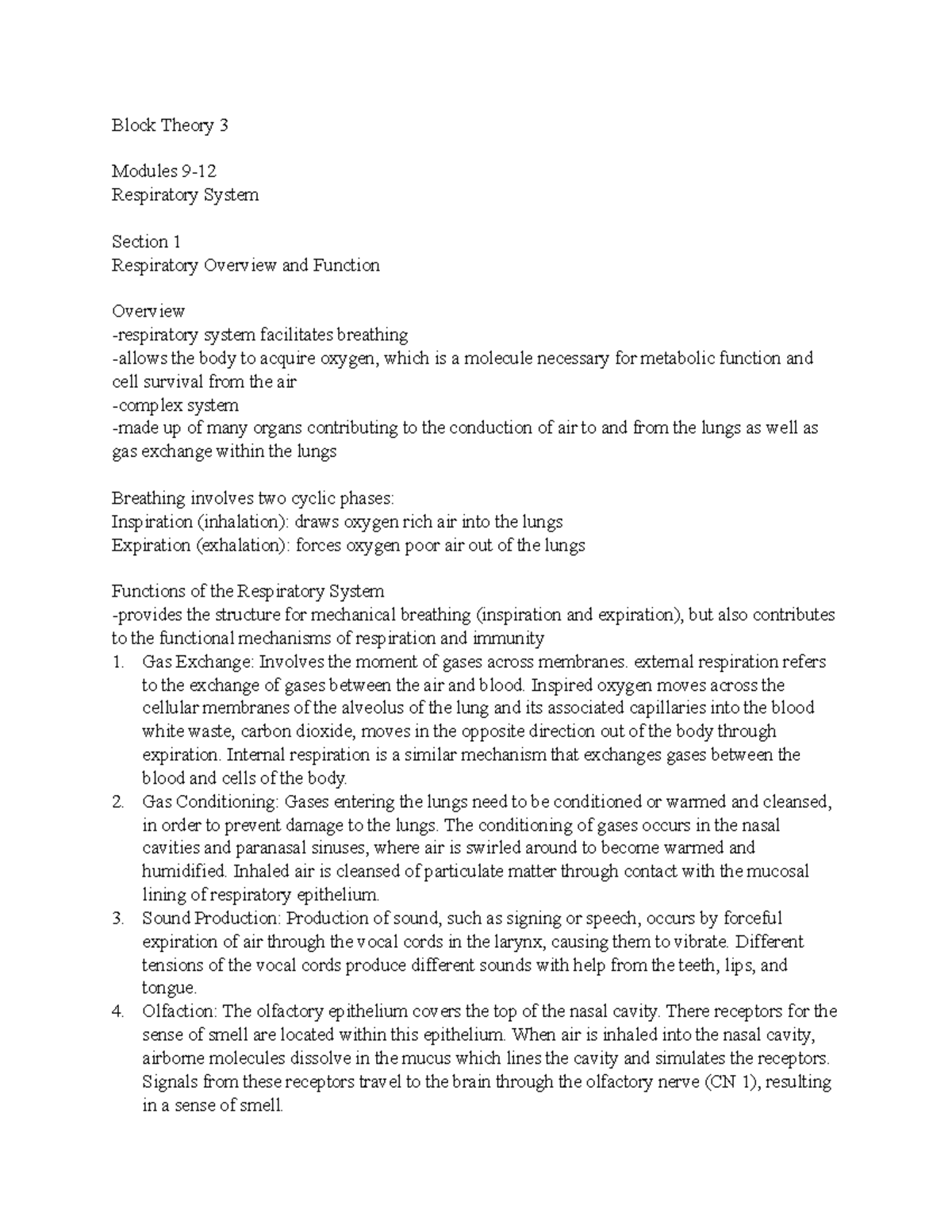 Anat Block Theory 3 - Block Theory 3 Modules 9- Respiratory System ...