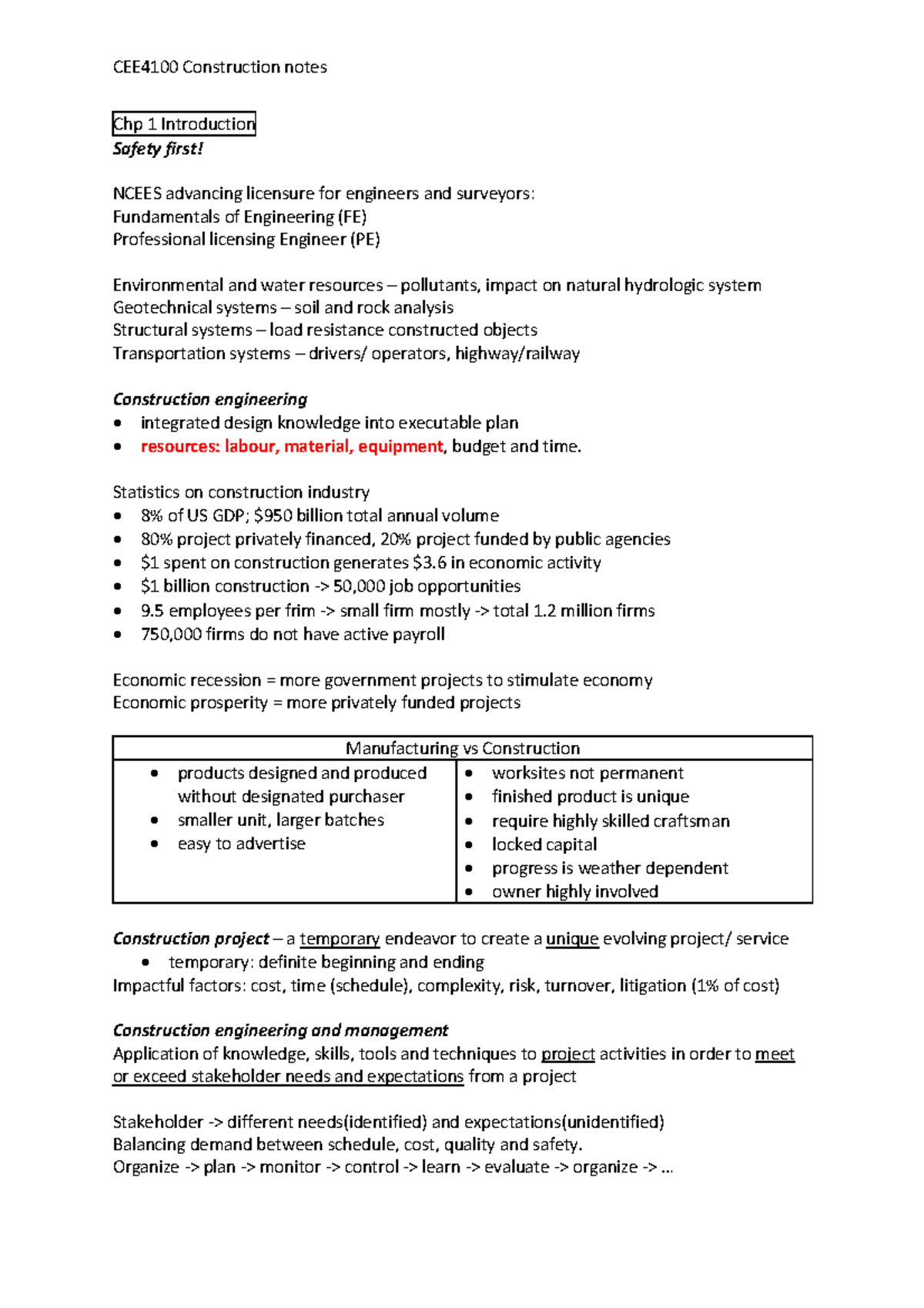 CEE4100 final study notes - CEE4100 Construction notes Chp 1 ...