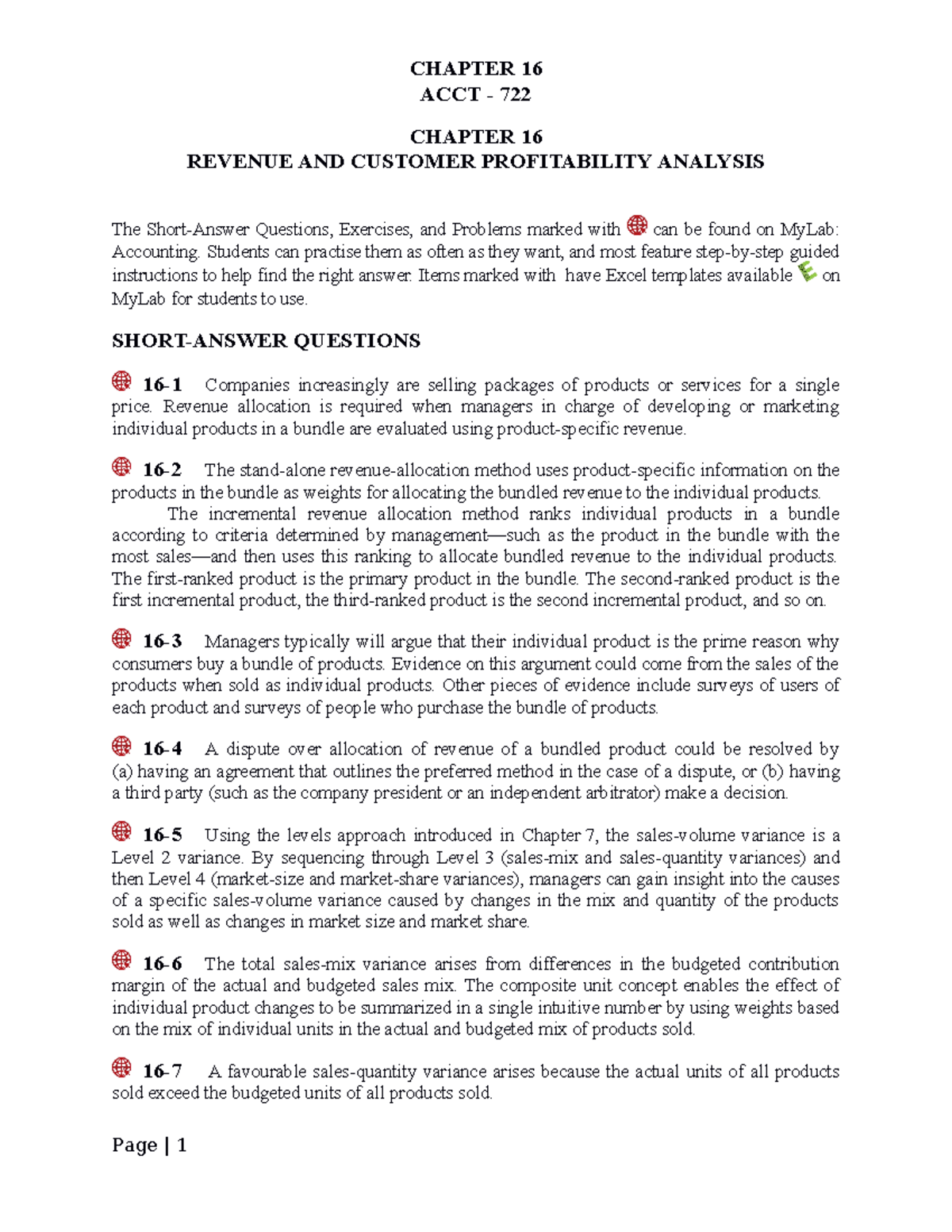Chapter 16 Soultions to Students - ACCT - 722 CHAPTER 16 REVENUE AND ...