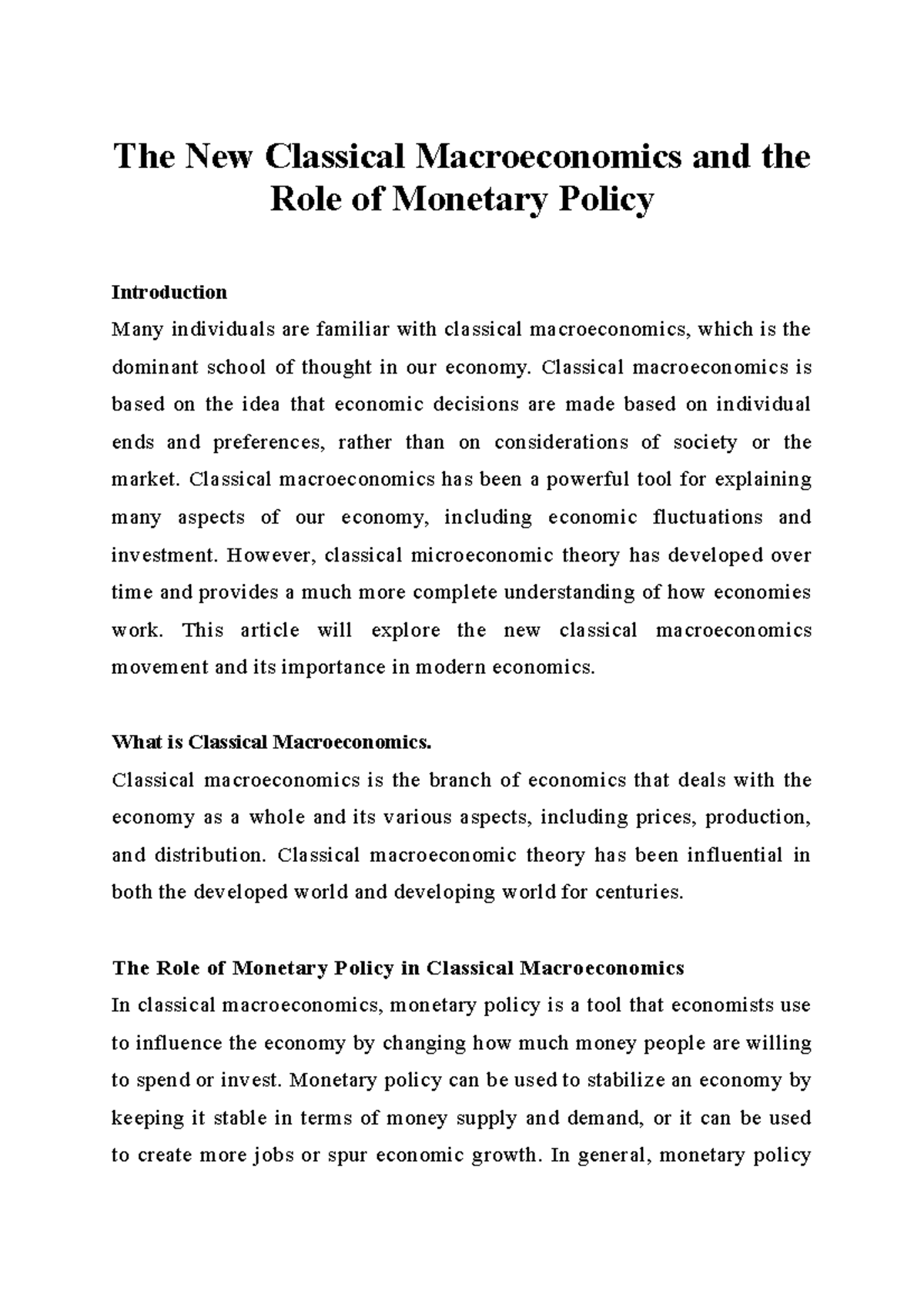 The New Classical Macroeconomics and the Role of Monetary Policy - The ...