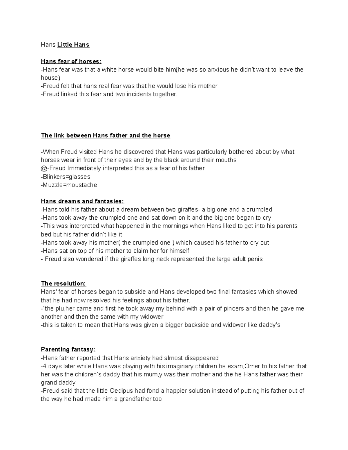 Little Hans - Hans Little Hans Hans fear of horses: -Hans fear was that ...