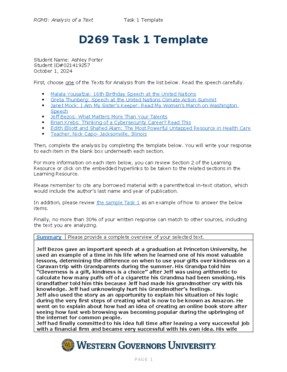 D269: Writing with a Strategy TASK 1 - RGM3: Analysis of a Text Task 1 ...