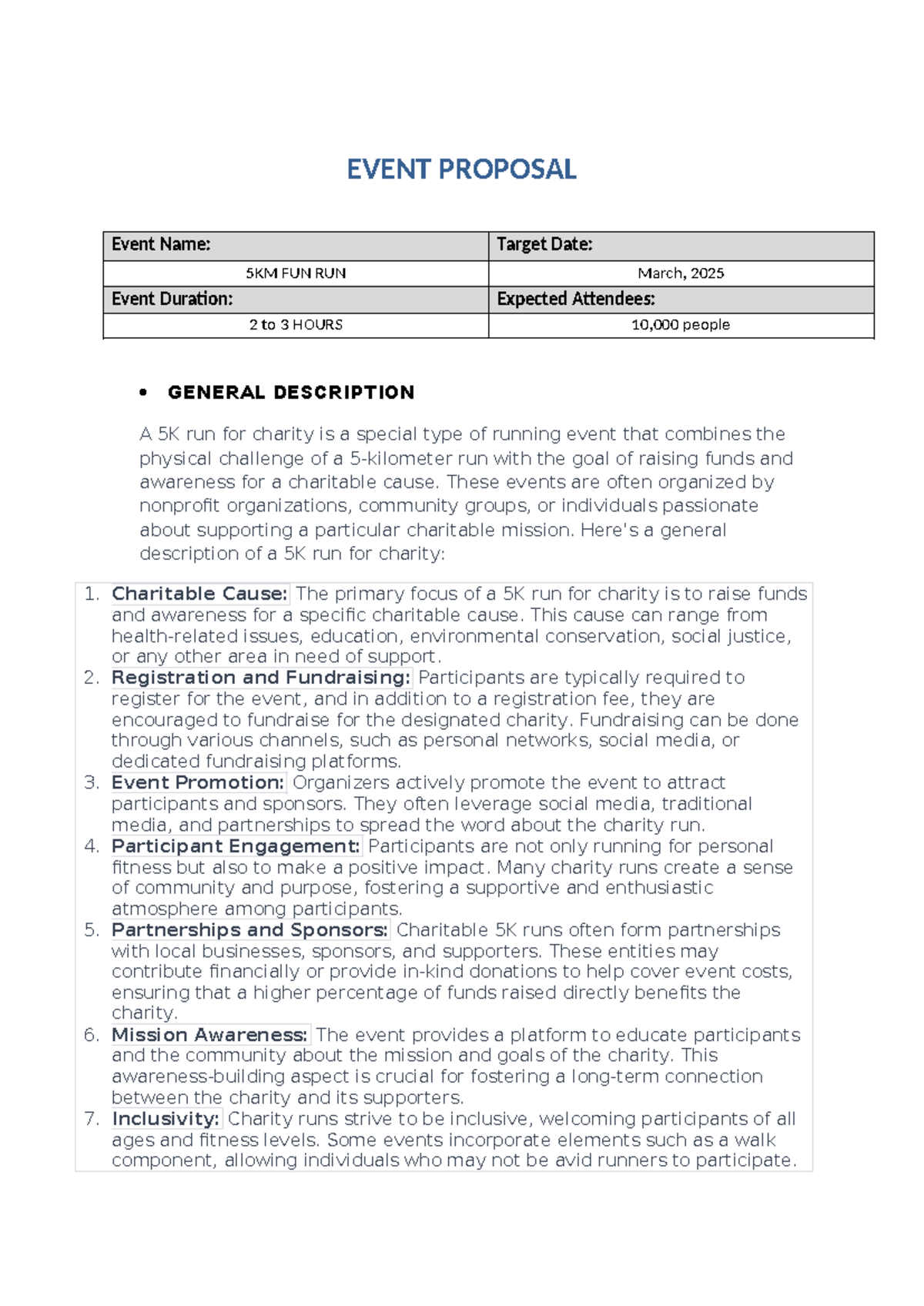 Event- Proposals - EVENT PROPOSAL Event Name: Target Date: 5KM FUN RUN ...