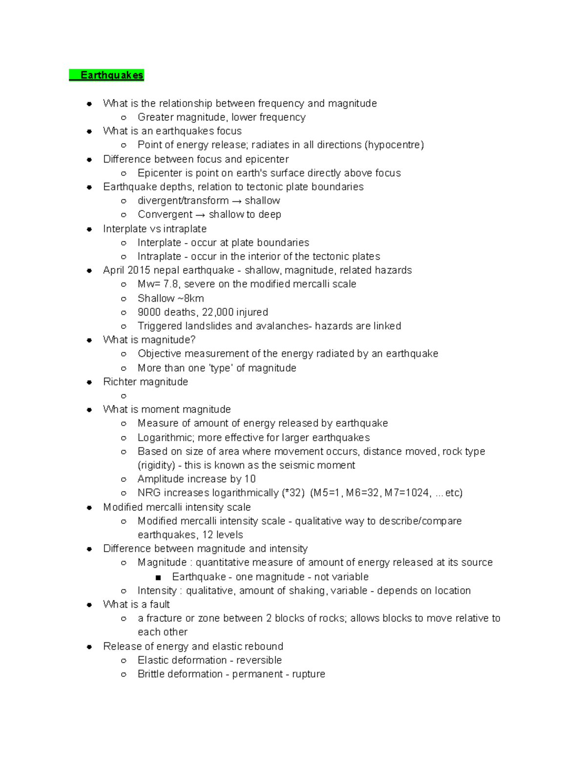 Geology Exam Study - Earthquakes What is the relationship between ...