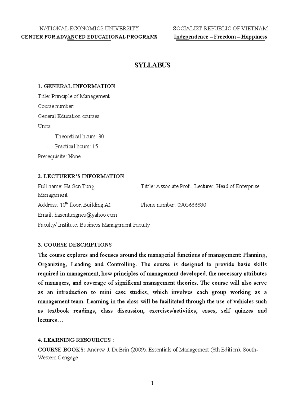 Syllabus Principle of management - Latest 2021 - NATIONAL ECONOMICS ...