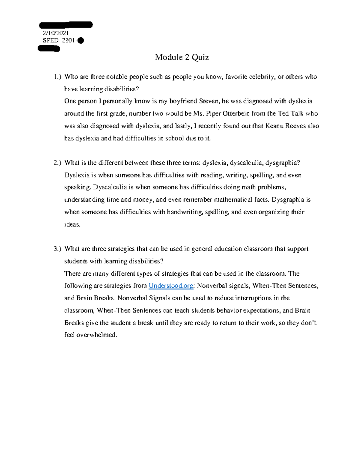 Module 2 Quiz - Baldwin, Jasmine 2/10/ SPED 2301- Vargo Module 2 Quiz 1 ...