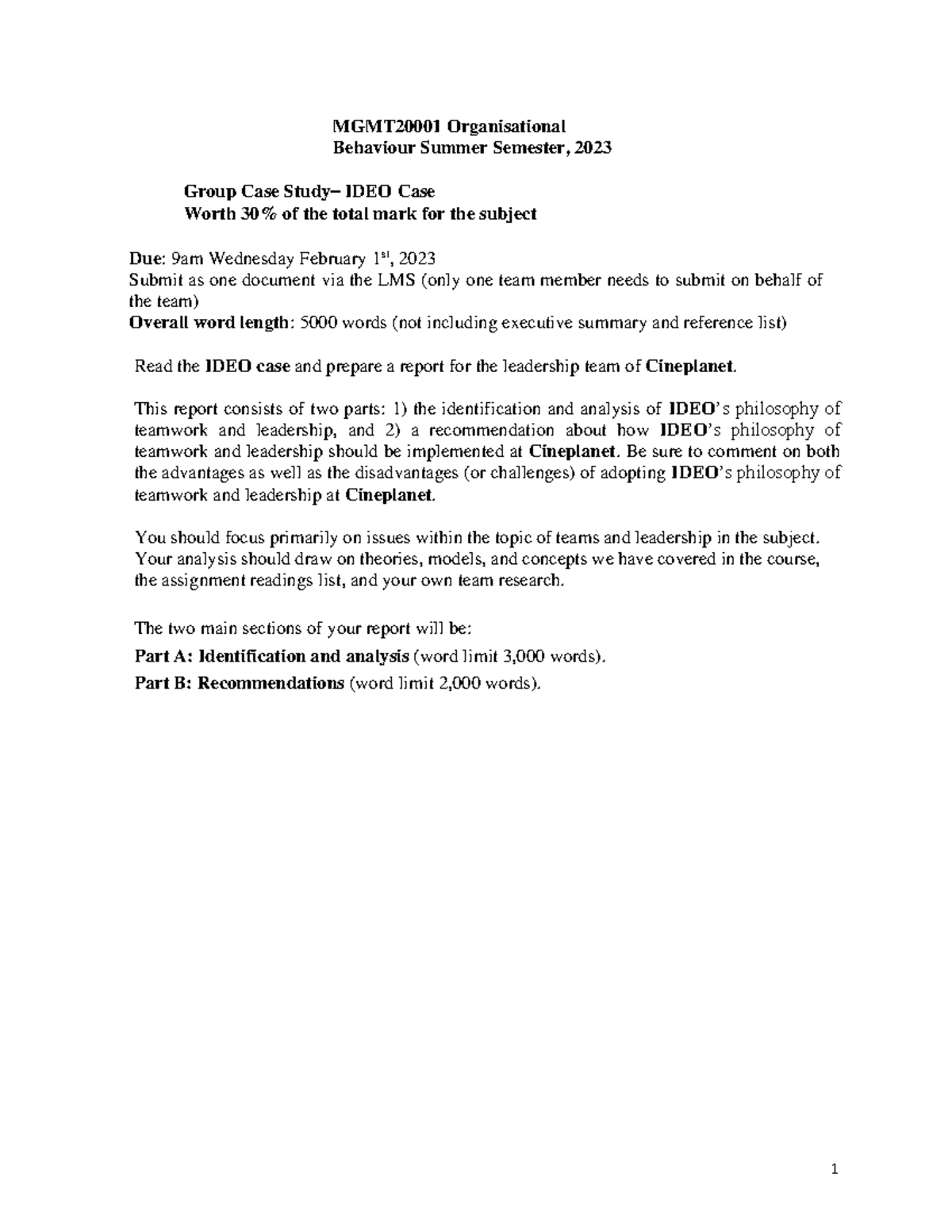 Group Case Study Report Instructions Summer Semester 2023 - MGMT20001 Organisational Behaviour ...