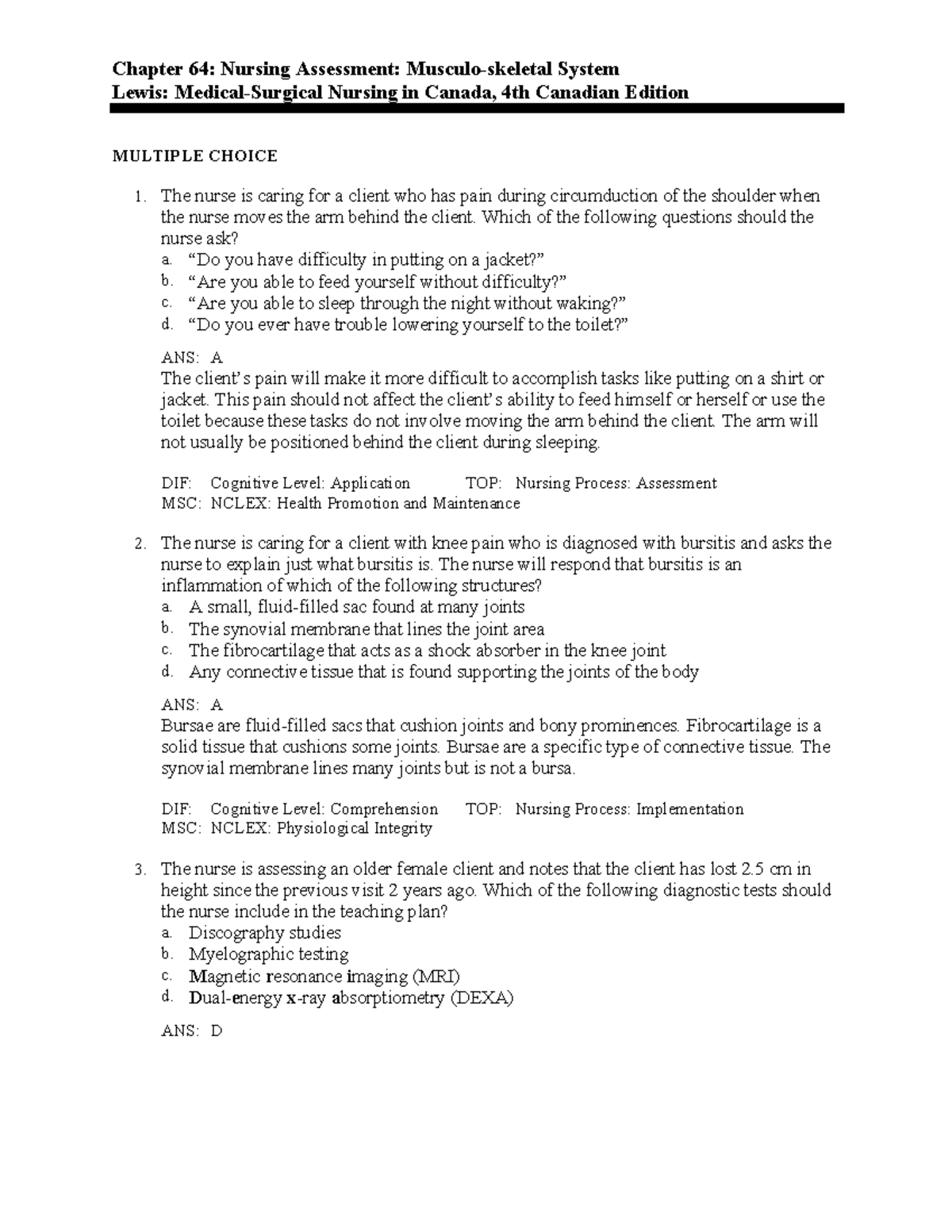 Nursing Assessment: System Lewis - Studocu