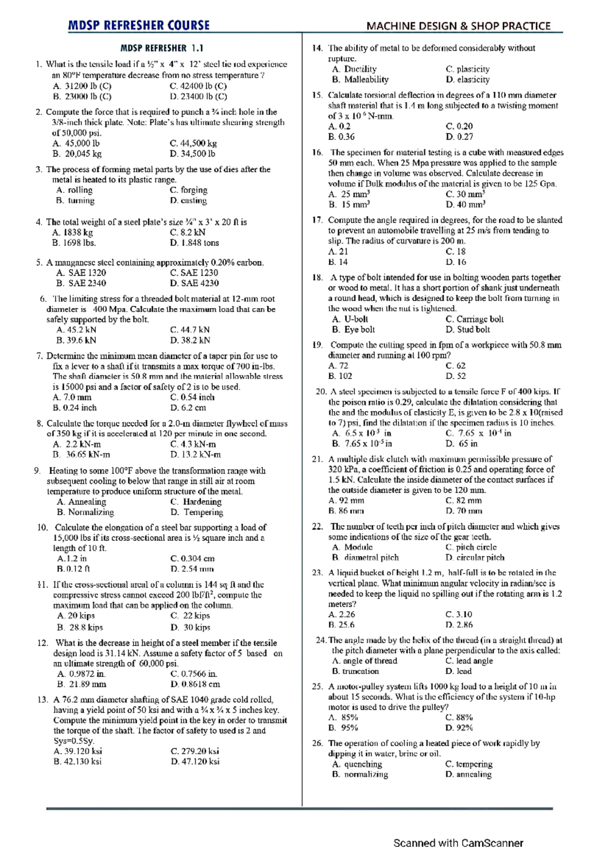 Machine Design Practice Problems Refresher 1 - BS Electrical ...