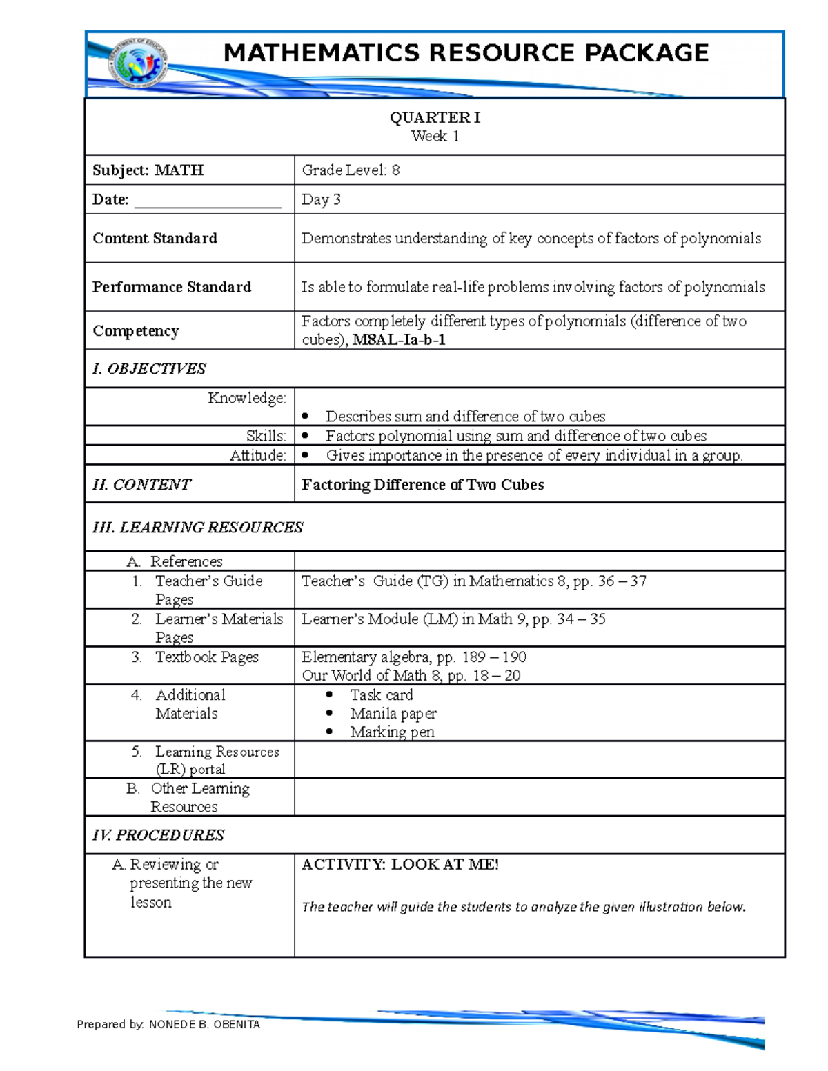 DLL-8 (WEEK 1, day 3) - A Detailed Lesson Plan for Grade 8 - Basic ...