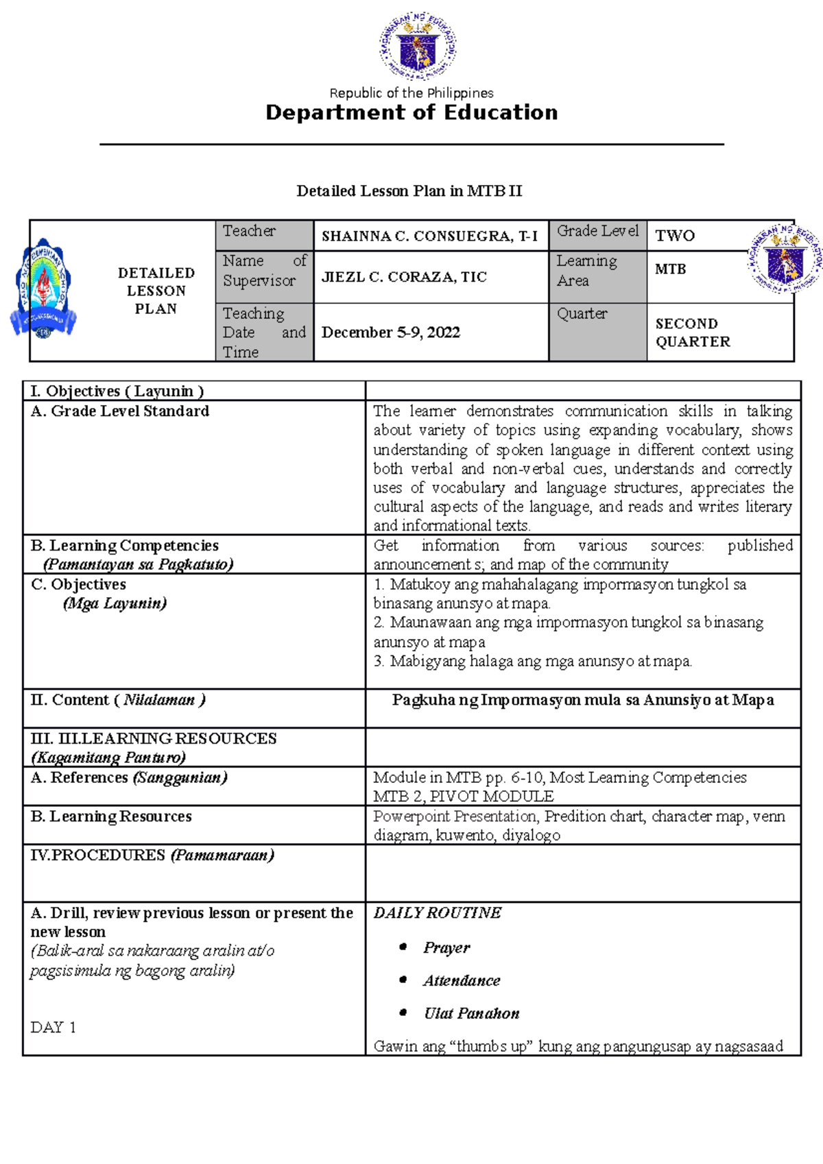 MTB2-DLP WEEK5 Q2 - MTB 2 - Department of Education Detailed Lesson Plan in MTB II DETAILED ...