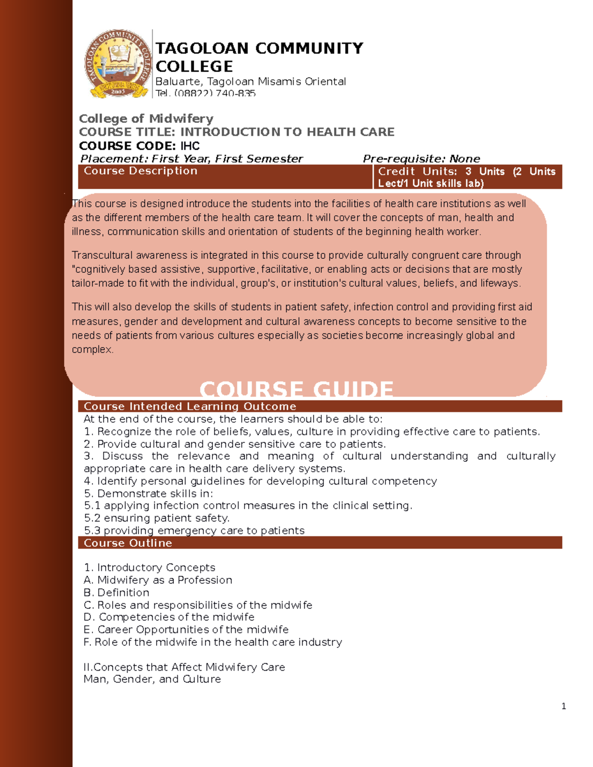 Intro TO Health CARE Course Guide - College of Midwifery COURSE TITLE ...