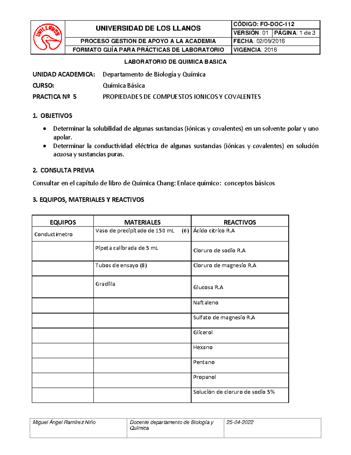 Pract# 5 FO-DOC-112 - Guía práctica laboratorio 5 - UNIVERSIDAD DE LOS LLANOS CÓDIGO: FO-DOC ...
