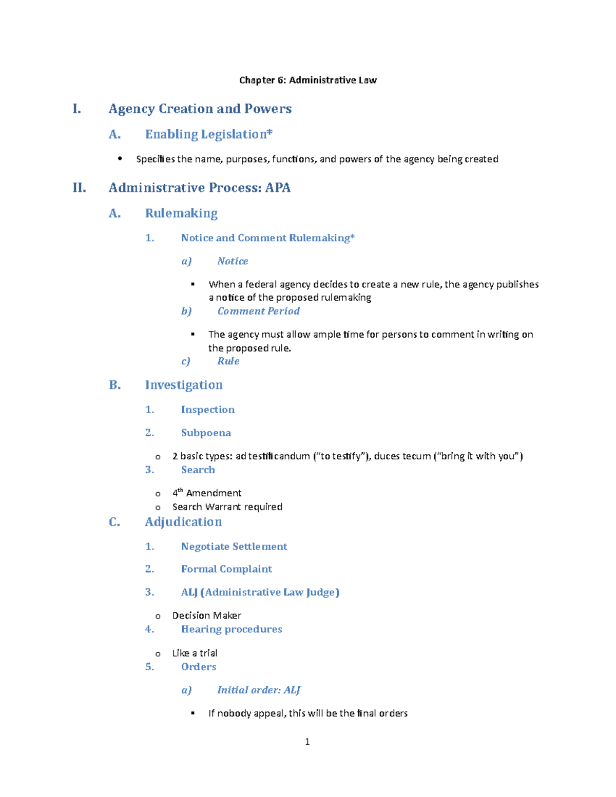 Chapter 6 - Chapter 6: Administrative Law I. Agency Creation and Powers ...