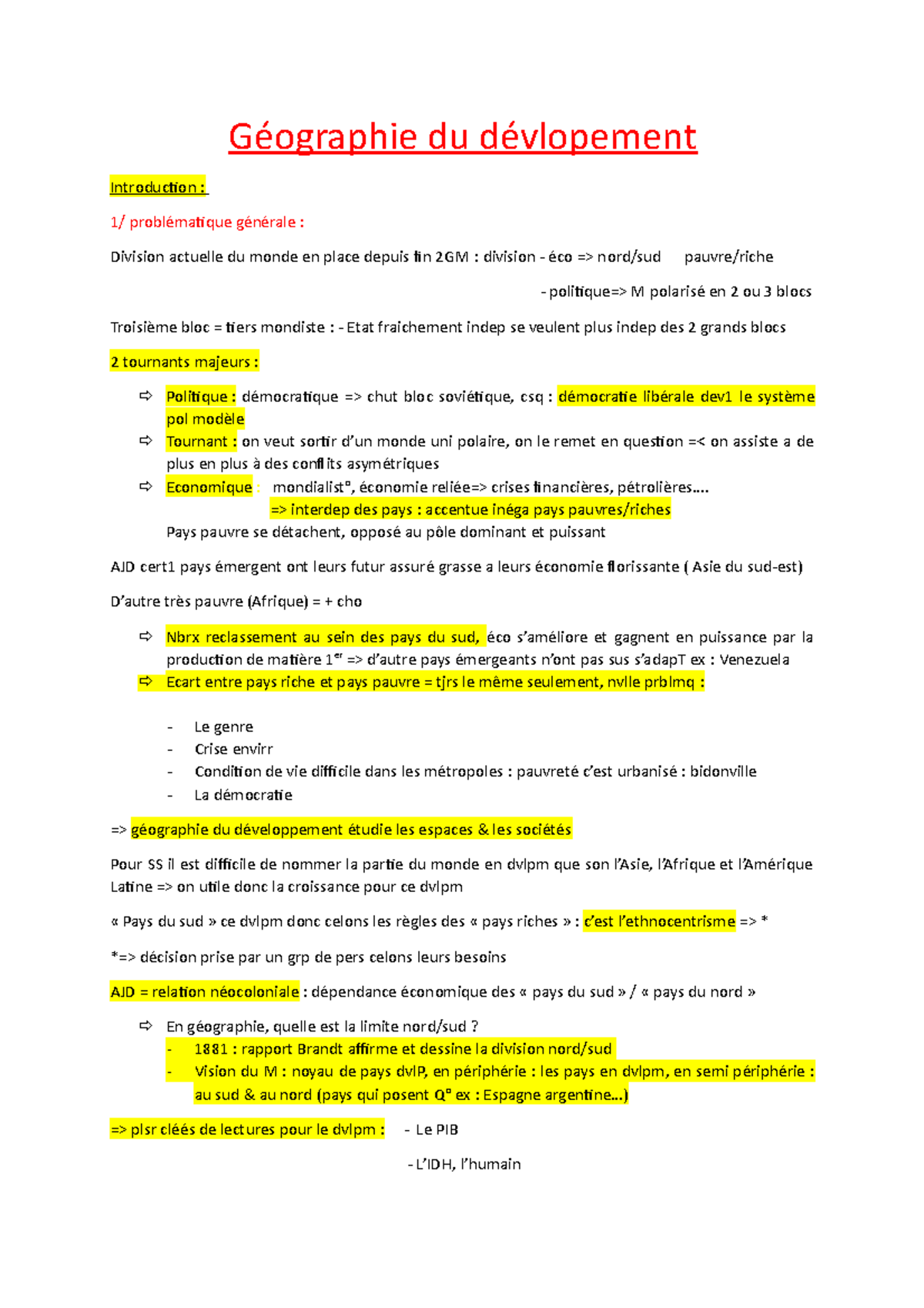 Géographie du dévlopement L1 semestre 1 premier cours - Géographie du ...