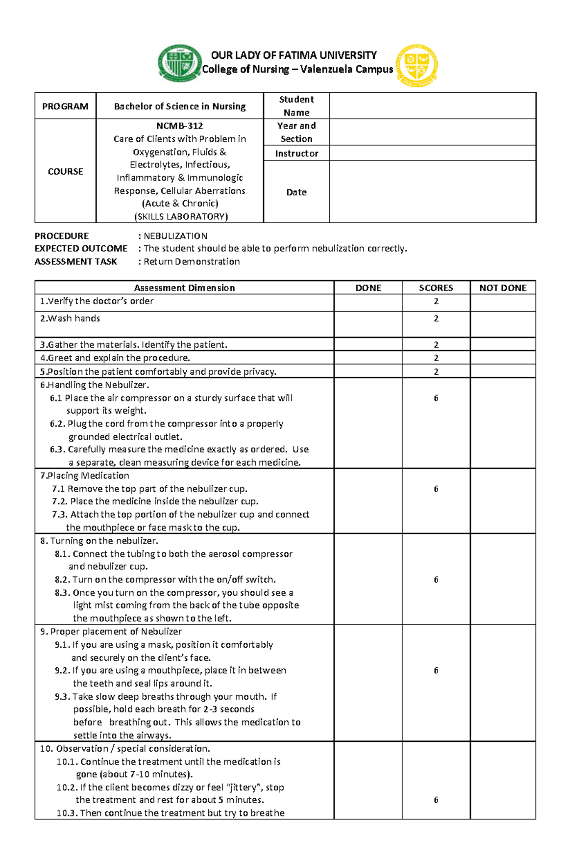 Nebulization - Done - OUR LADY OF FATIMA UNIVERSITY College of Nursing ...