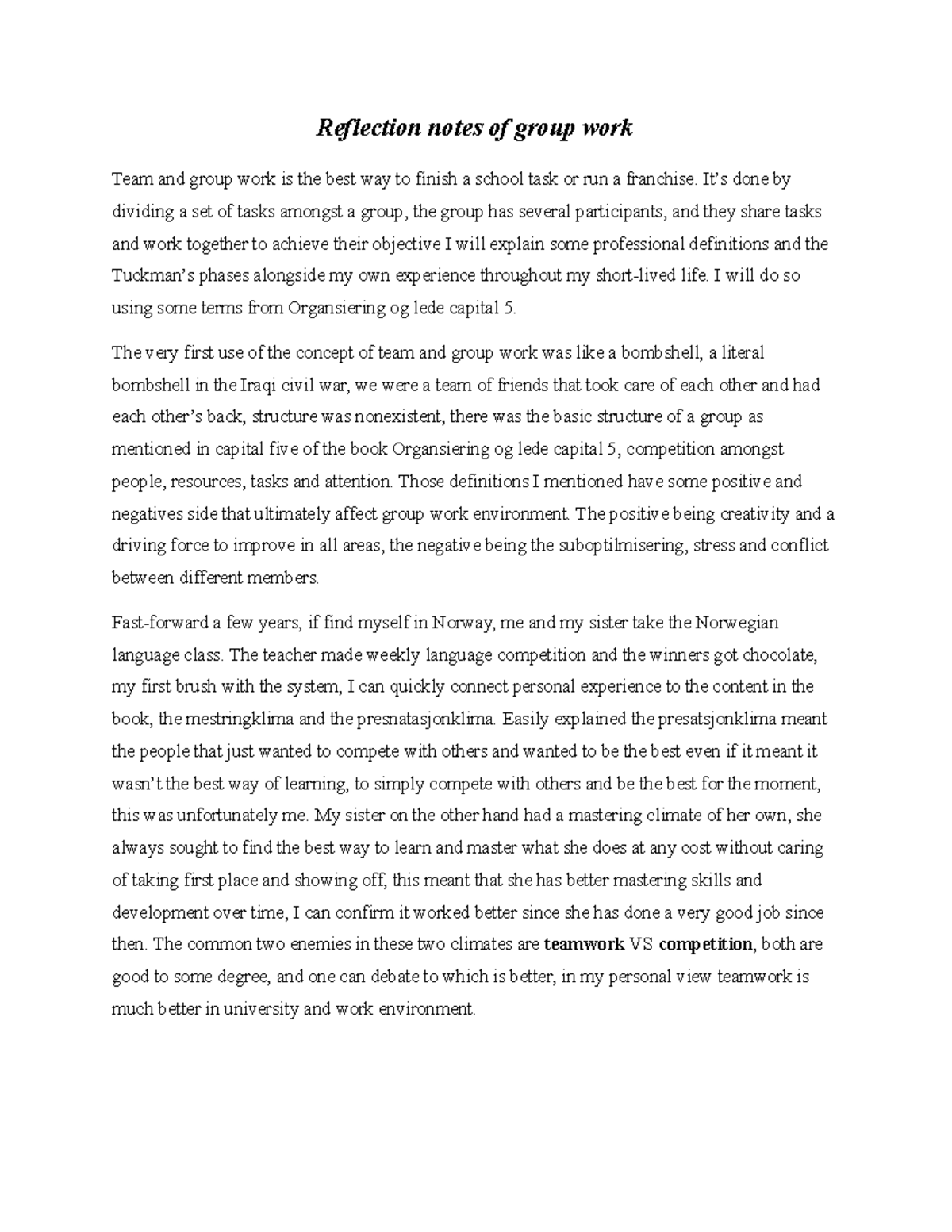 Organisering og lede Refelkjonsnotat 2 7 - Reflection notes of group ...