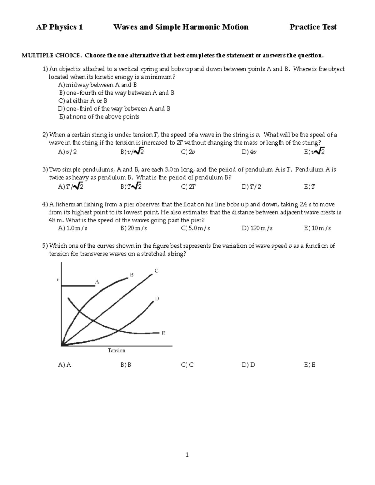 Waves and SHM Practice Test - AP Physics 1 Waves and Simple Harmonic ...