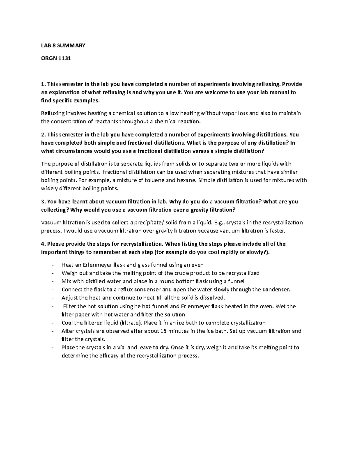 ORGN 1131 Lab 8 Summary(test) Questions - LAB 8 SUMMARY ORGN 1131 This ...