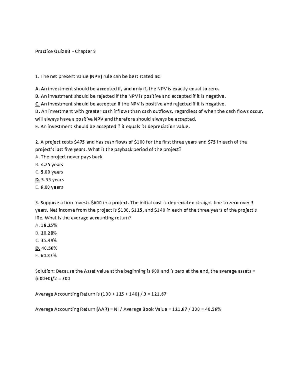 Quiz 7 9 2 3 2012, questions and answers - Practice Quiz #3 - Chapter 9 ...