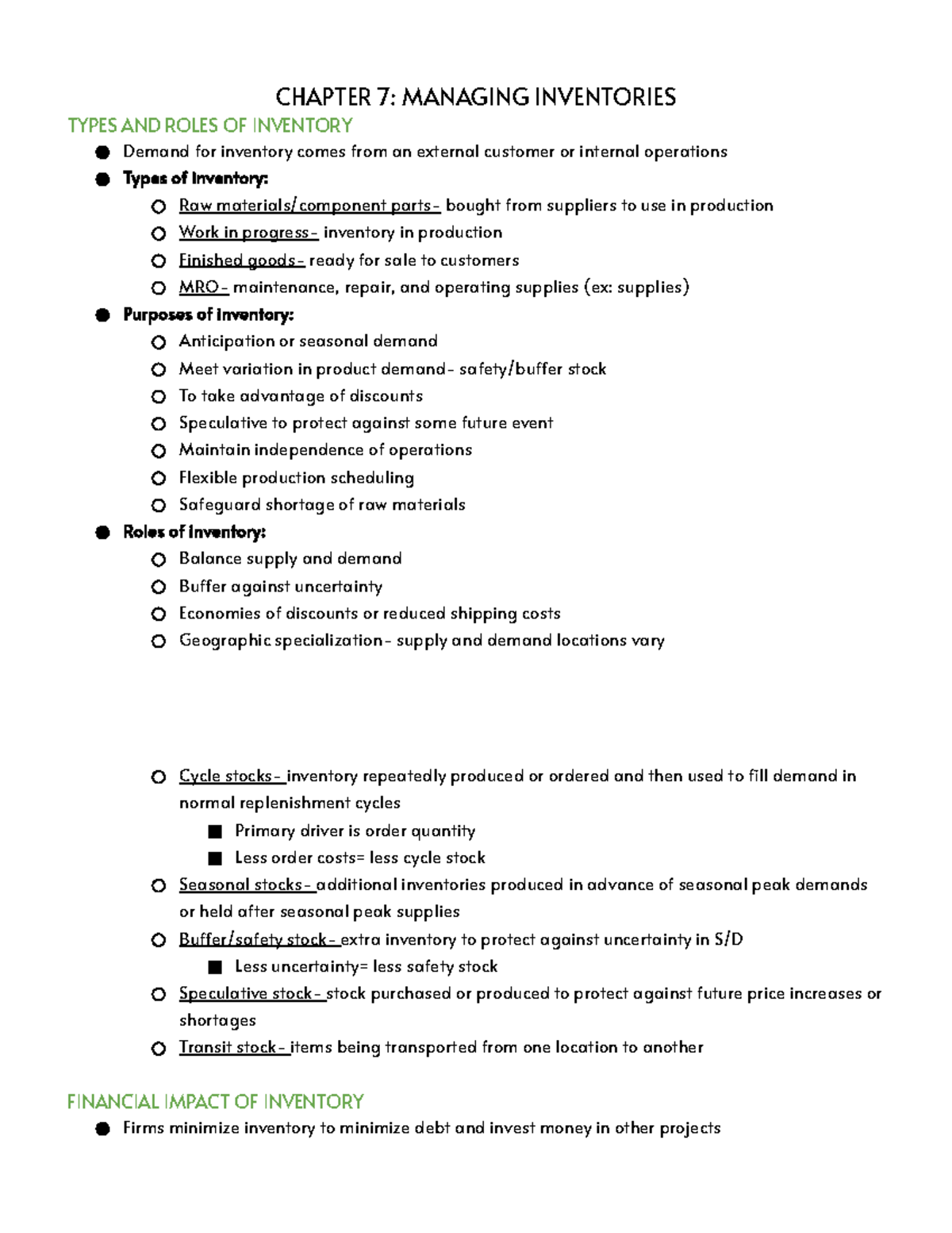 Supply Chain Exam 2 Notes - CHAPTER 7: MANAGING INVENTORIES TYPES AND ...