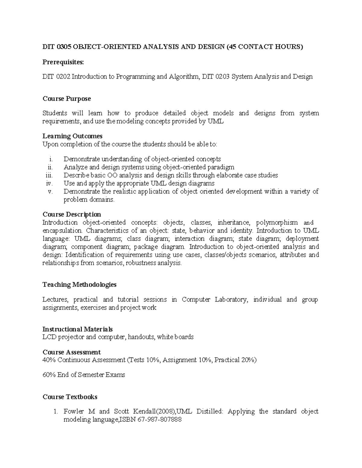 DIT 0305 Outline 230629 175501 - Object Oriented Systems Analysis ...