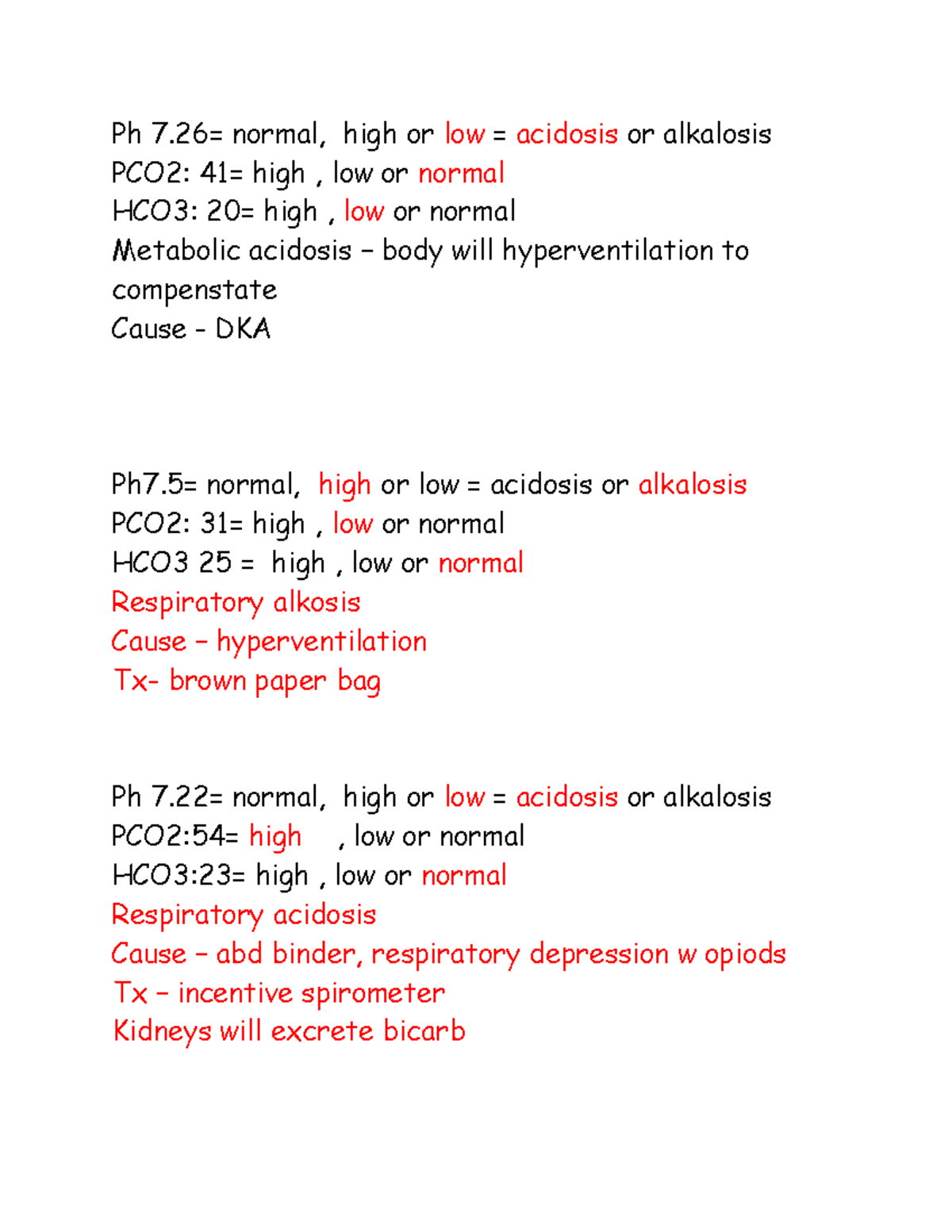 Acid base workset - Ph 7= normal, high or low = acidosis or alkalosis ...