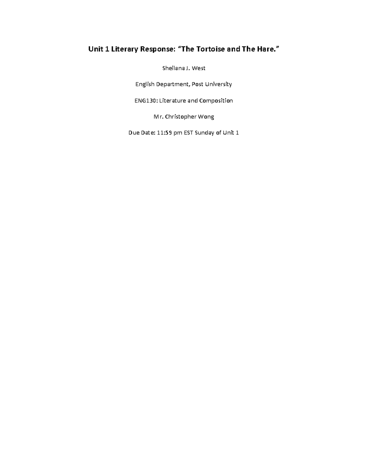 Unit 1 Literary Response - Unit 1 Literary Response: “The Tortoise and ...