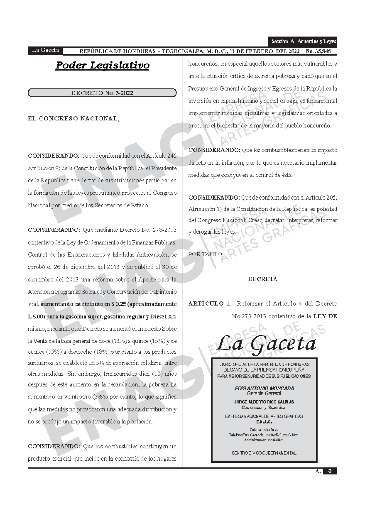 Decreto-3-2022 - Decretos - 3 La Gaceta A. Sección A Acuerdos y Leyes ...