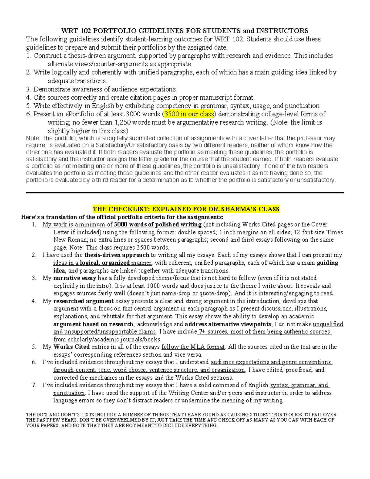 1 Portfolio Checklist - WRT 102 PORTFOLIO GUIDELINES FOR STUDENTS and ...