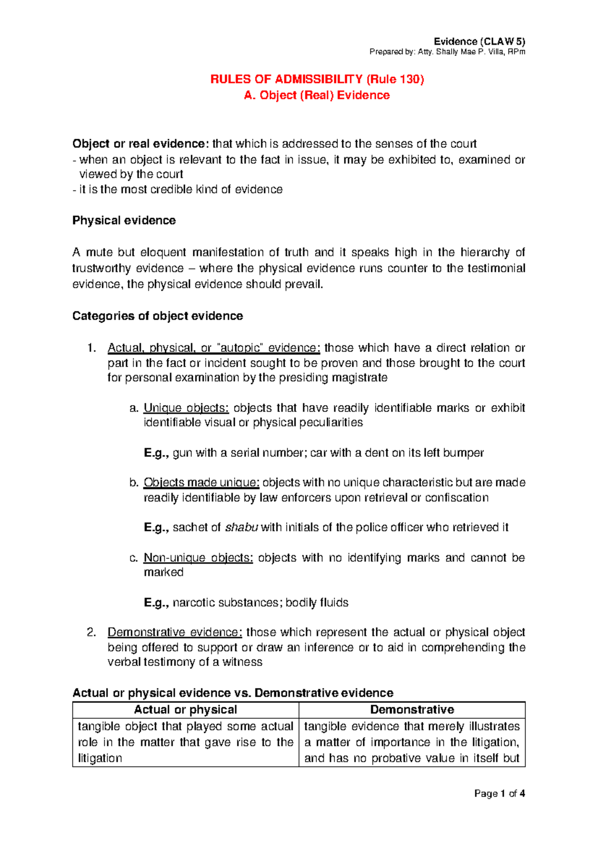 Notes 3 Rule 130 Rules of Admissibility Object Evidence - Prepared by ...