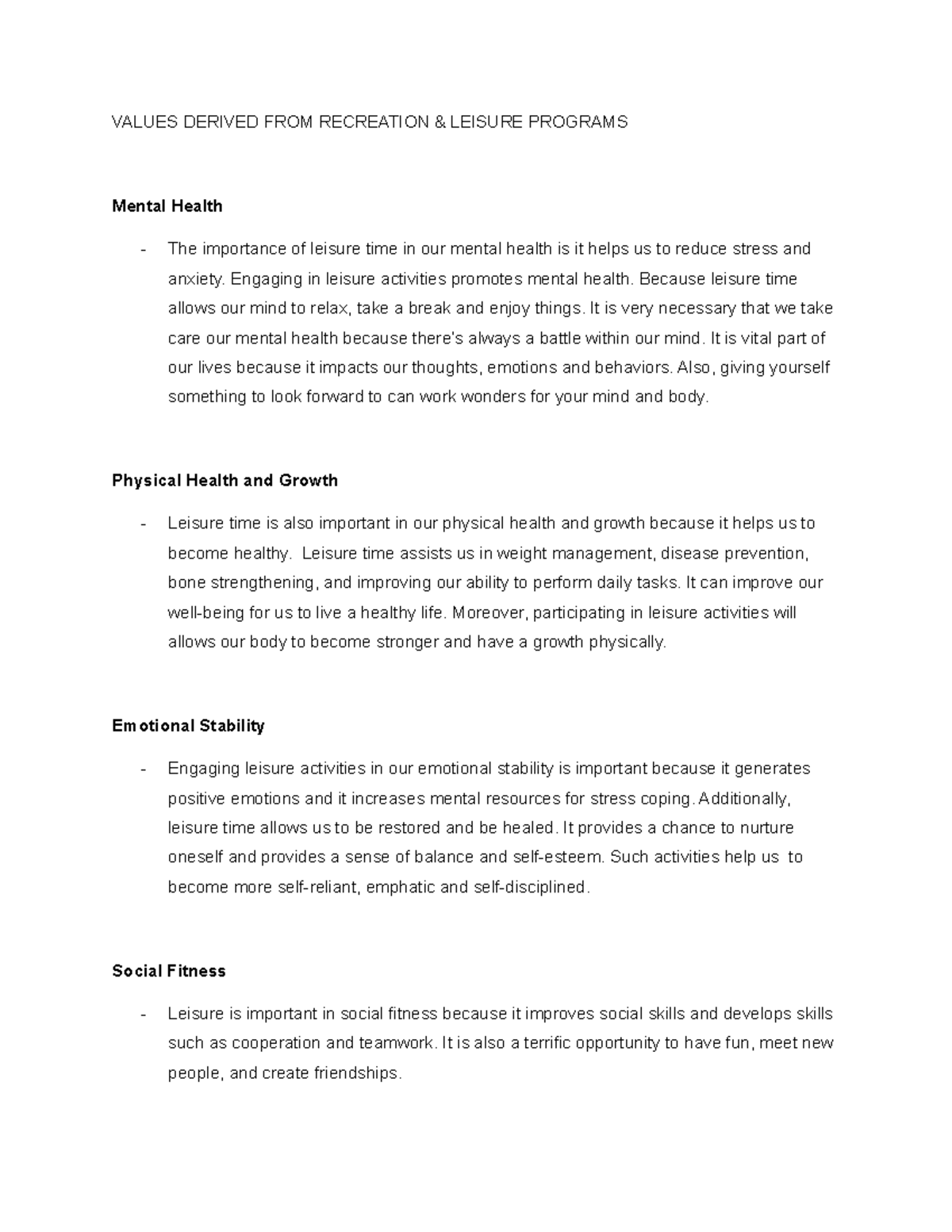 Rclm - Lecture notes - VALUES DERIVED FROM RECREATION & LEISURE ...