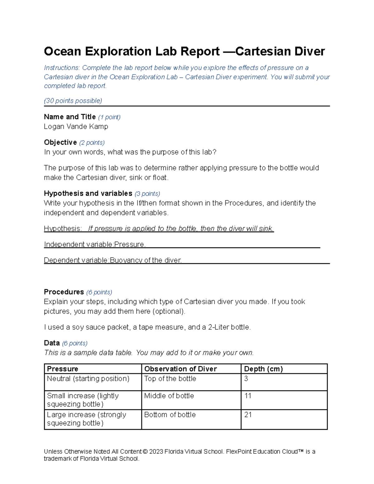 Cartesian Diver Lab Report - Ocean Exploration Lab Report —Cartesian ...